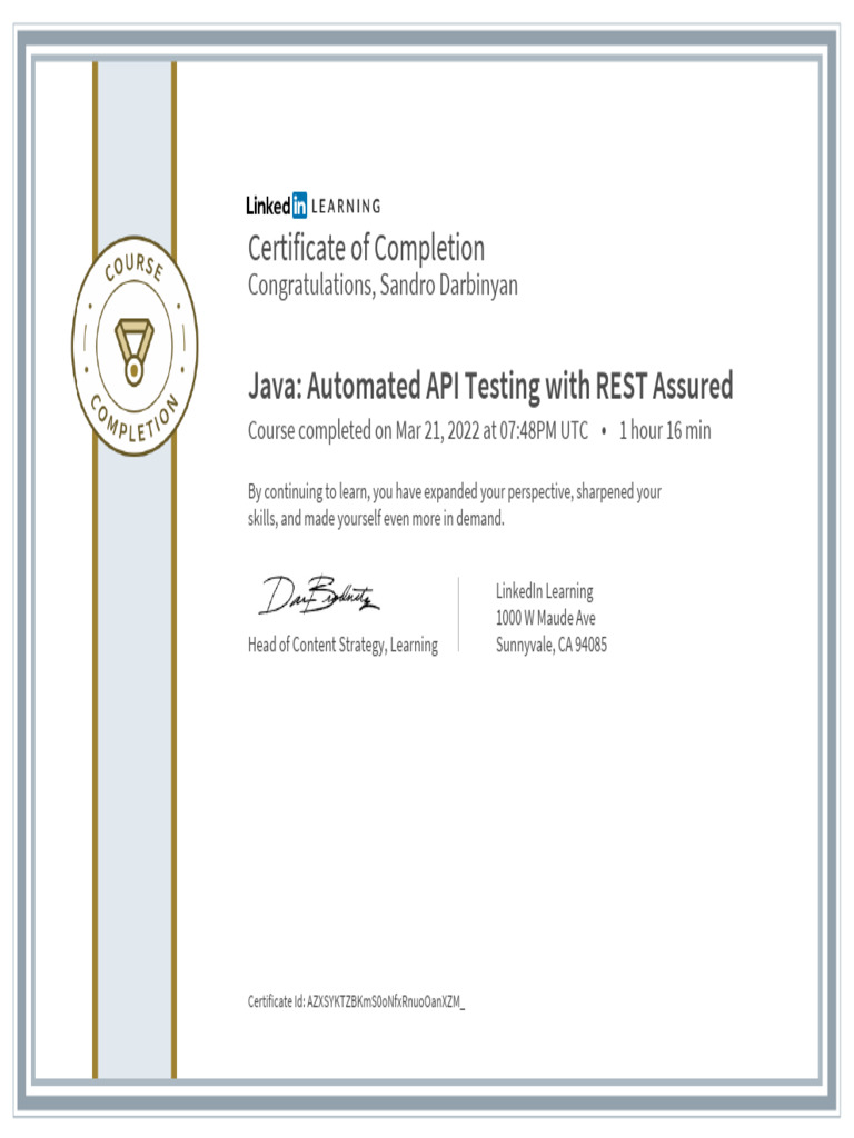 CertificateOfCompletion - Java Automated API Testing With REST Assured ...