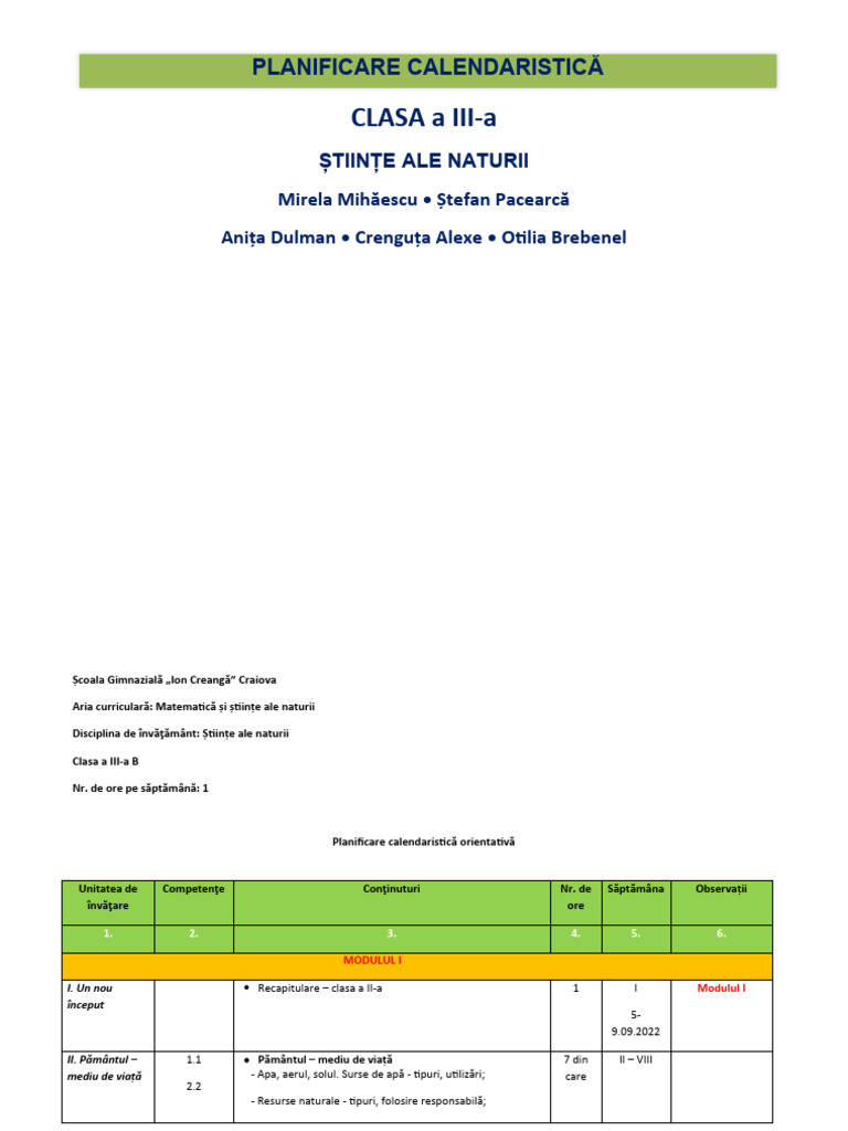 Stiinte - Clasa A 3a - Planificare - Calendaristica | PDF