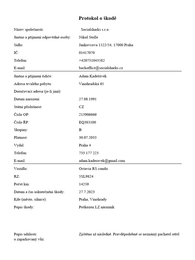 Protokol o škodě AK | PDF