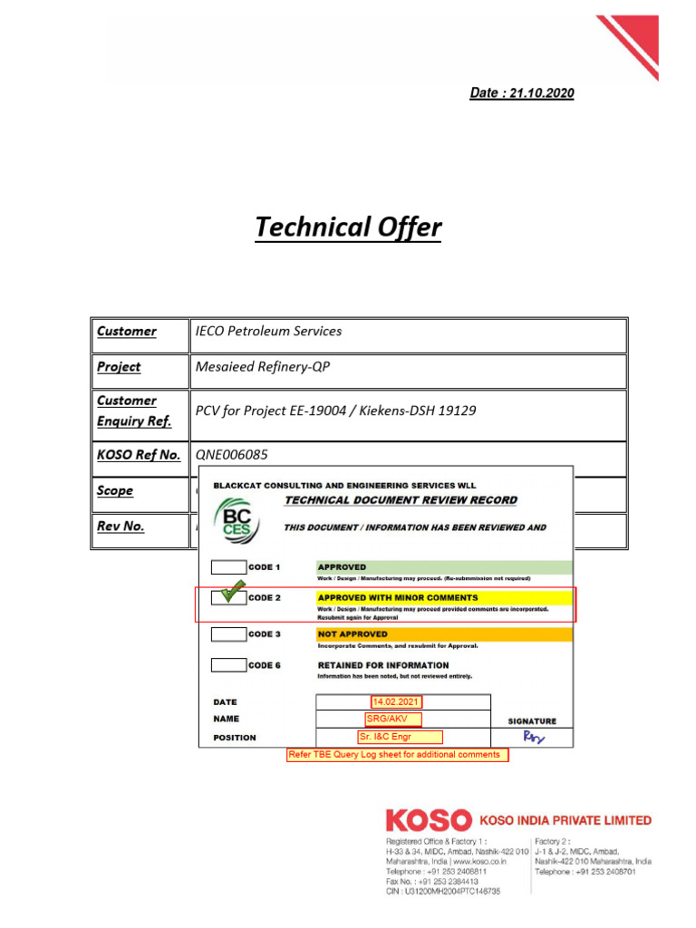 KOSO Technical Offer for IECO Project | PDF | Valve | Chemical Engineering