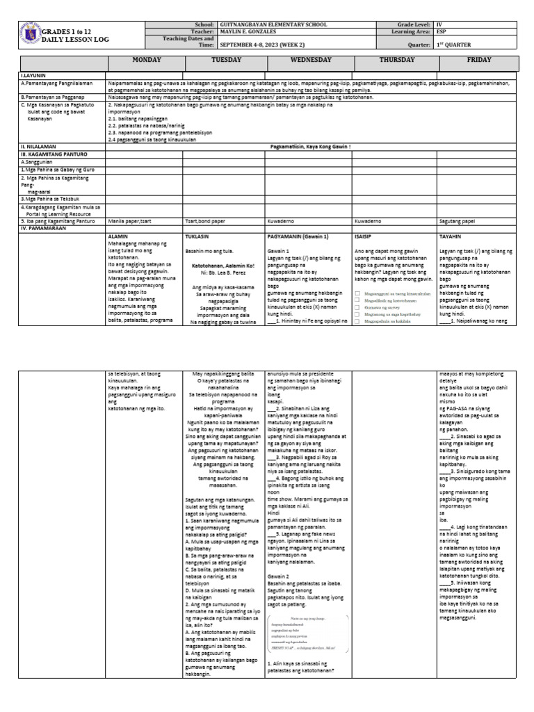DLL - Esp 4 - Q1 - W2 | PDF