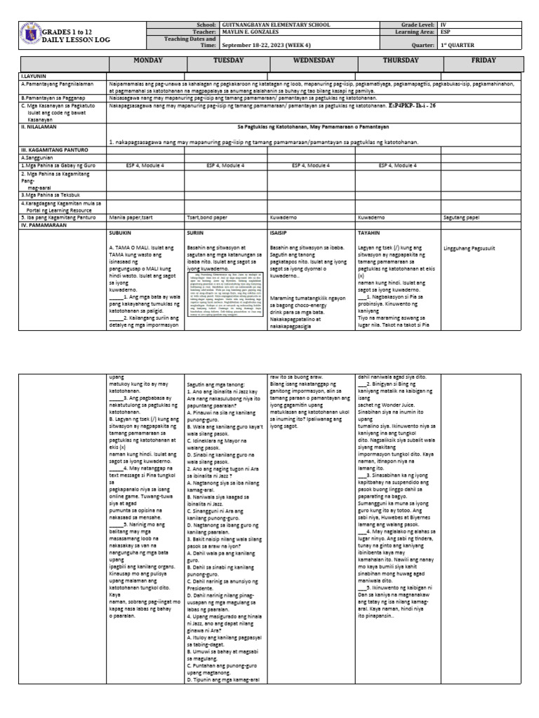 DLL - Esp 4 - Q1 - W4 | PDF