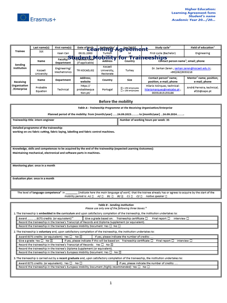 Learning Agreement For Traineeships GuncelİMZALANACAK | PDF | Academic Degree