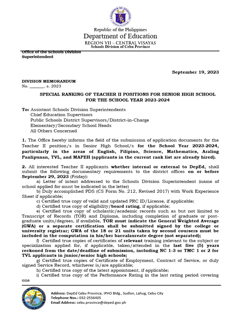 Memo Special Ranking Senior High Pdf