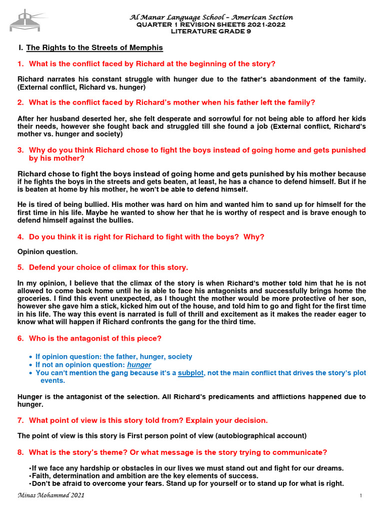 G.9 - Q.1 Literature Revision Answer Key | PDF | Genre | Narration