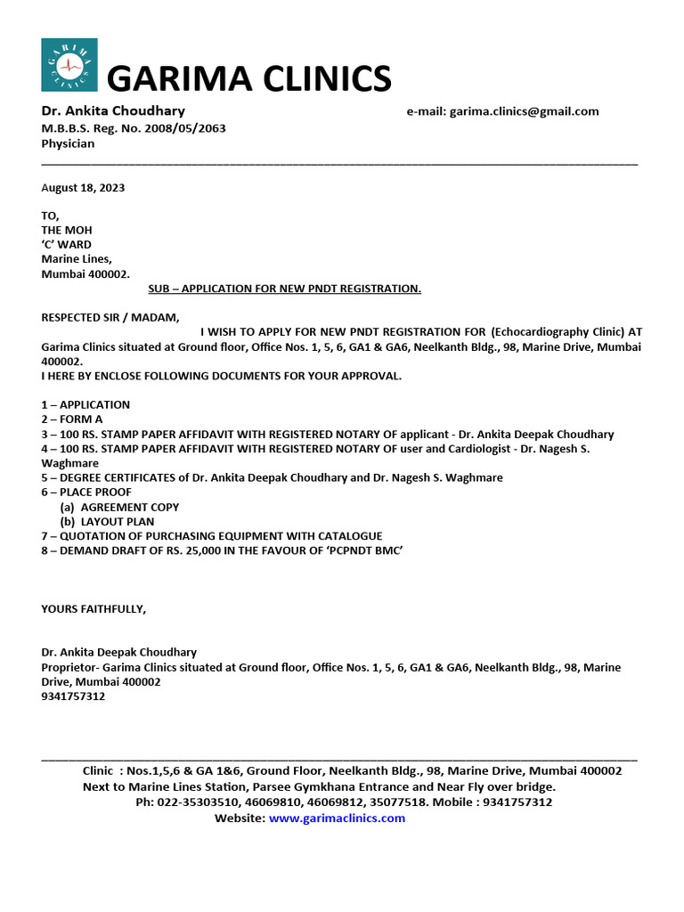 Application For PNDT-Garima Clinics On Letterhead | PDF | Business