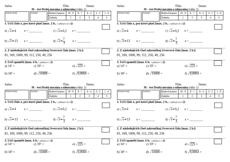 Matematika 8. Třída - Druhá Mocnina A Odmocnina (4ks Na A4) | PDF