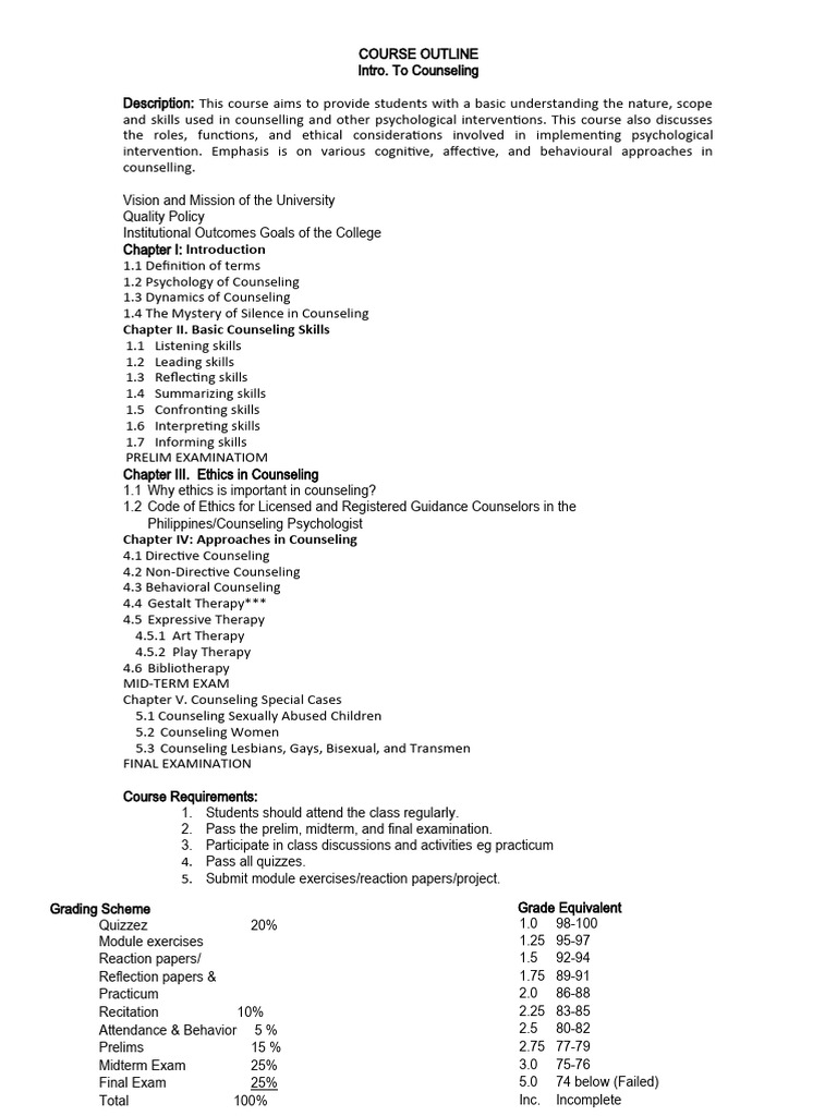 Course Outline Intro To Counseling | PDF | Nervous System | Counseling ...
