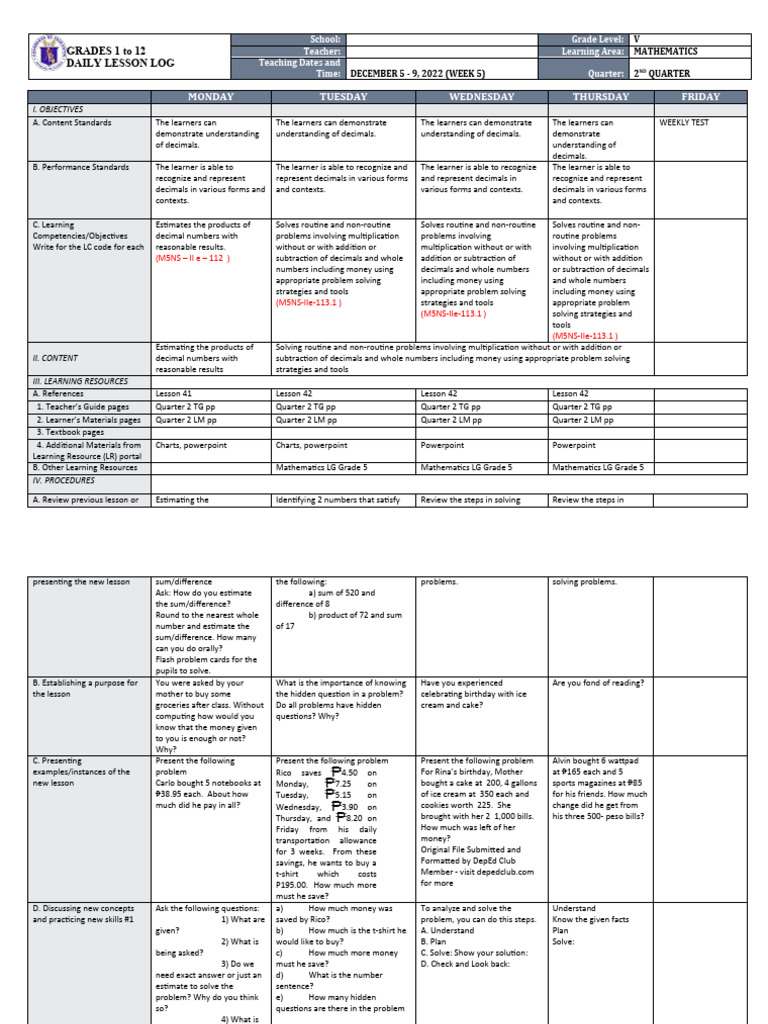 Grade 5 Math Daily Lesson Log | PDF | Learning | Mathematics