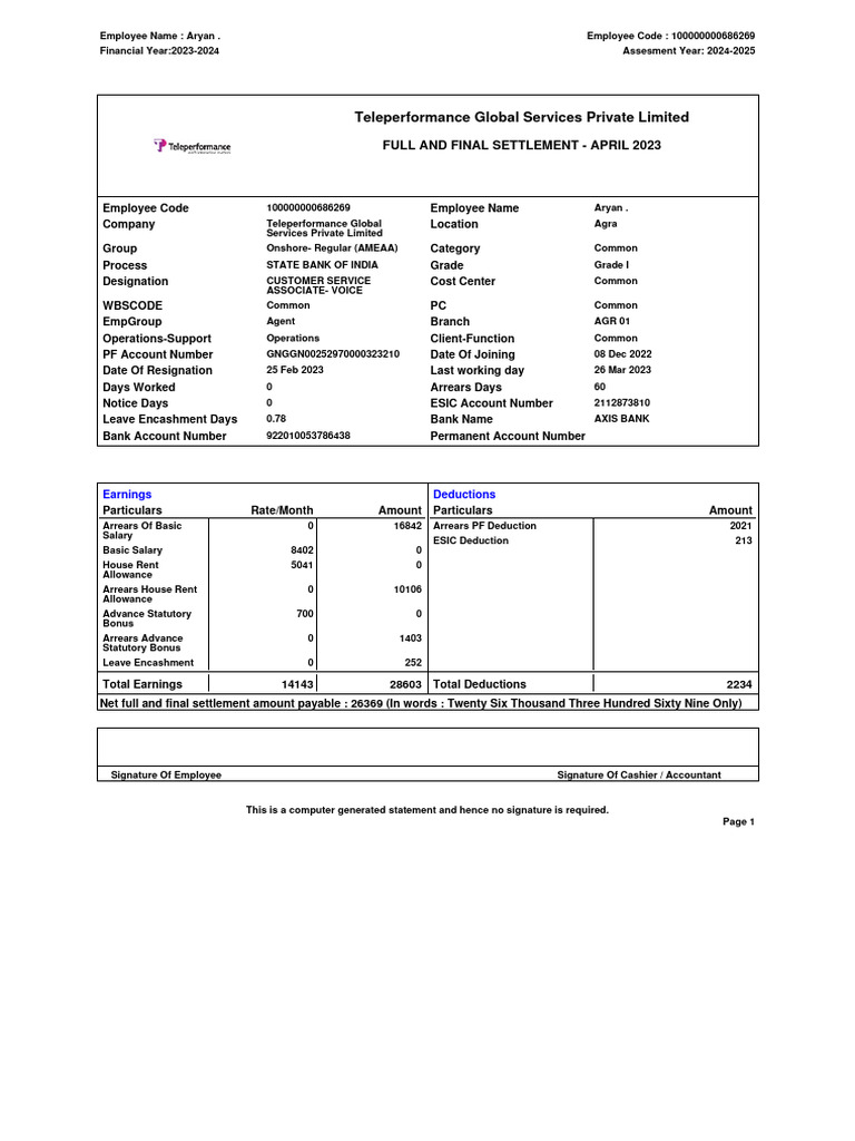 Teleperformance Global Services Private Limited: Full and Final ...