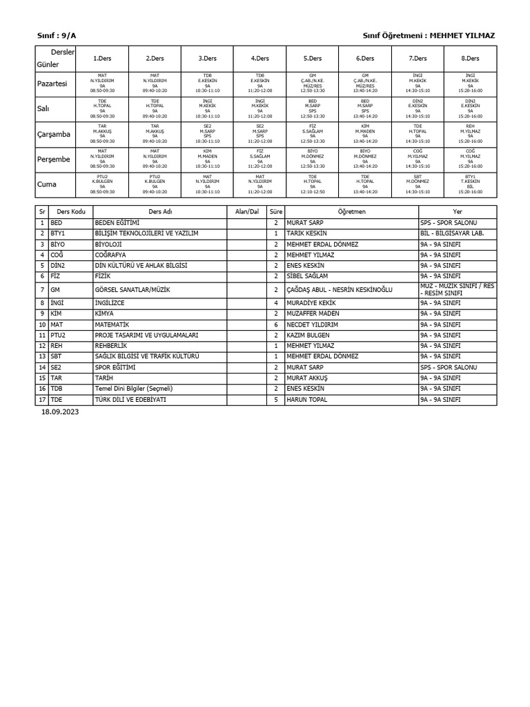 SinifElProgrami-18.09.2023 | PDF