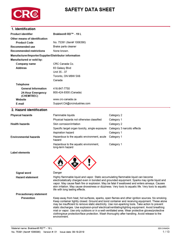 Brakleen SDS | PDF | Firefighting | Dangerous Goods