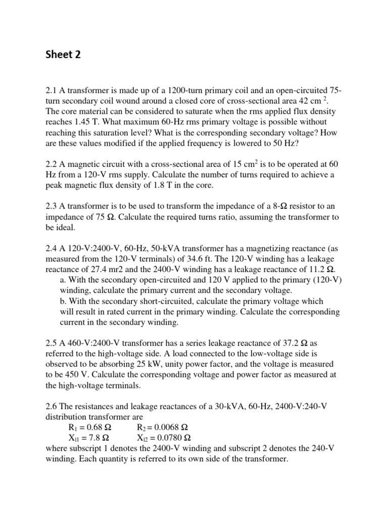 Sheet 2 Electric Machines | PDF | Transformer | Inductor
