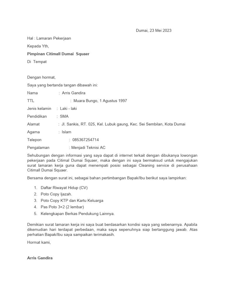 Surat Lamaran Kerja Cleaning Service | PDF