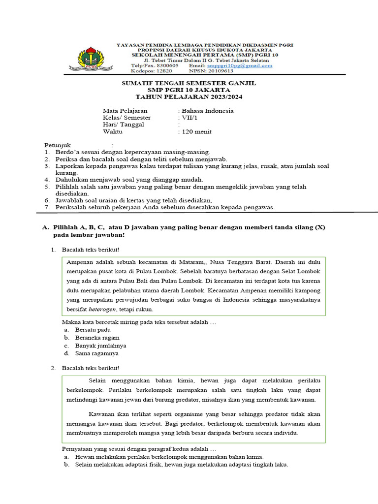 Soal Ast Ganjil Bahasa Indonesia Kelas 7 | PDF