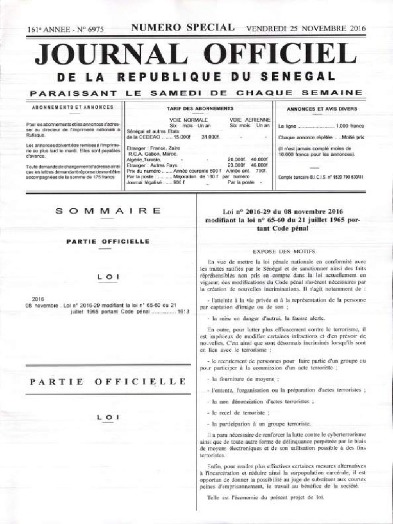 Loi N° 2016-29 Du 08 Novembre 2016 Modifiant La Loi N° 65-60 Du 21 ...