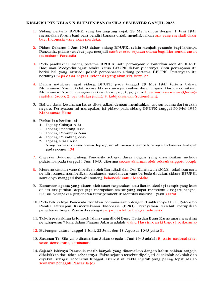 Kisi-Kisi PTS KLS X Pancasila 2023 | PDF