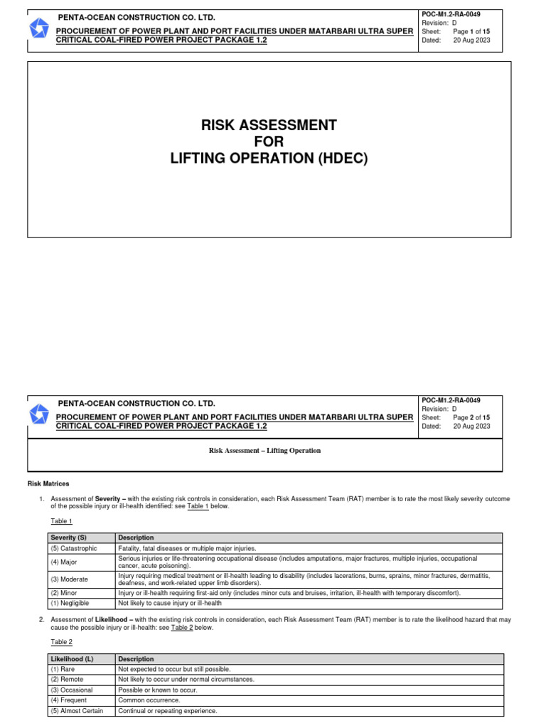 POC-M1.2-RA-0049 Risk Assessment - For Lifting Operation (HDEC) - Rev.d | PDF | Risk | Injury