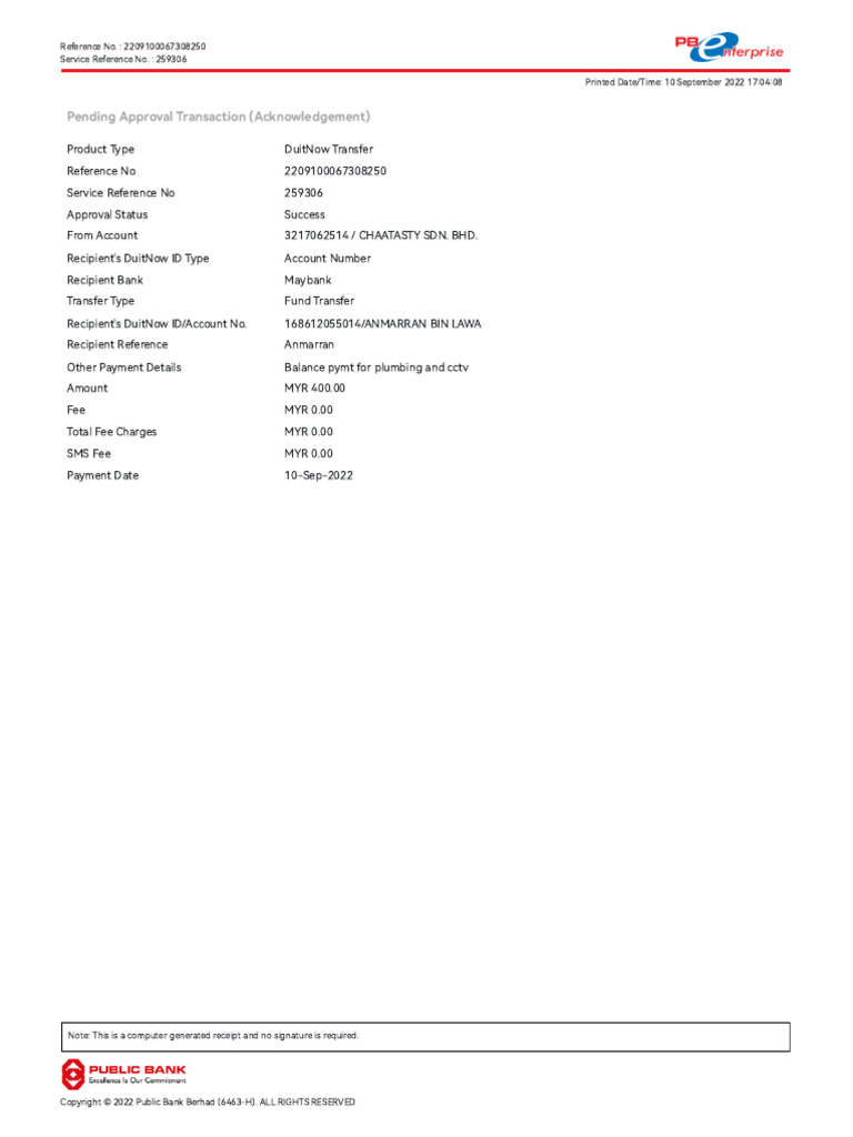 Public Bank Transfer Acknowledgement | PDF