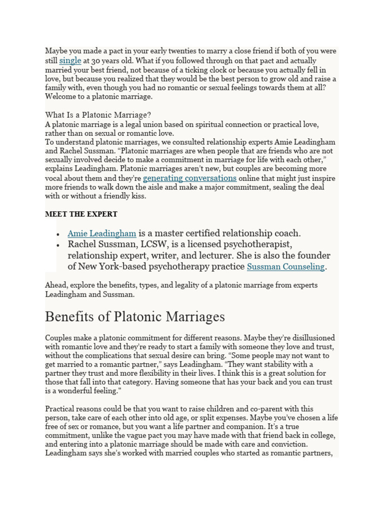 Platonic Marriage | PDF | Romance (Love) | Marriage