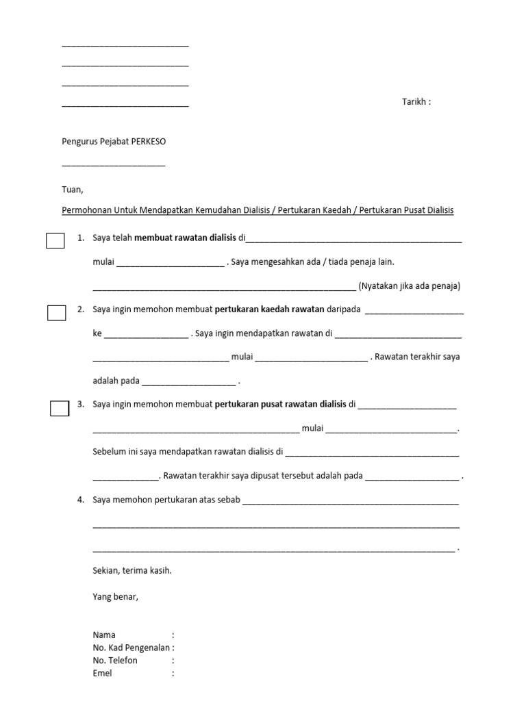 Perkeso Borang Permohonan Pertukaran Kemudahan Dialisis Perkeso | PDF