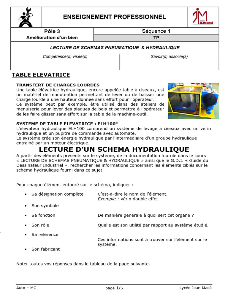 Séq 01 - TP Lecture de Schéma Hydrau - Table Elevatrice | PDF | Ingénierie mécanique | Machine