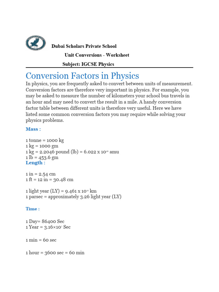 Unit Conversions Worksheet | PDF
