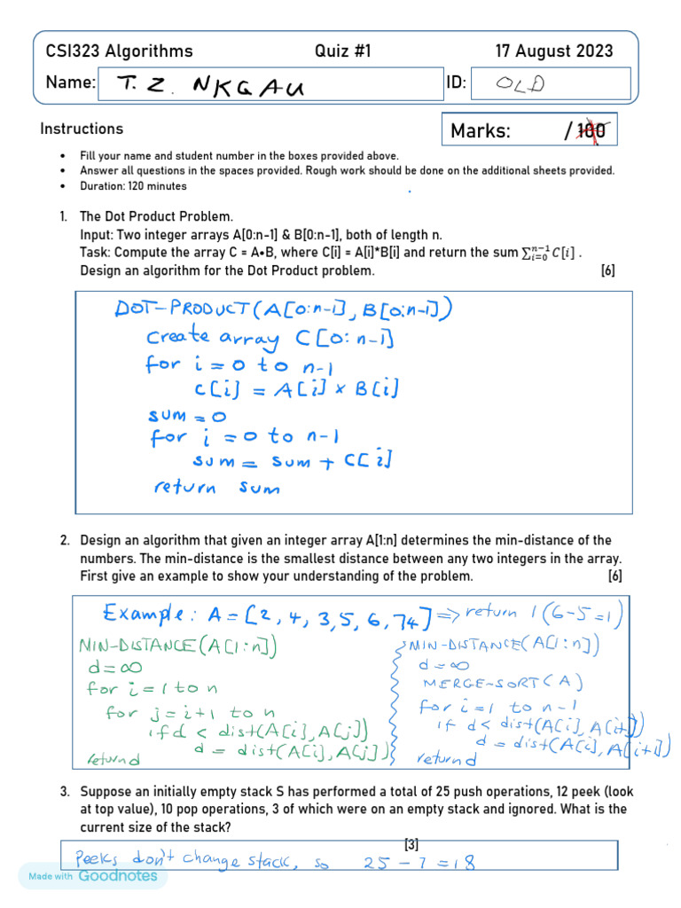 Quiz1 2023 Sample Solution | PDF | Algorithms | Numbers