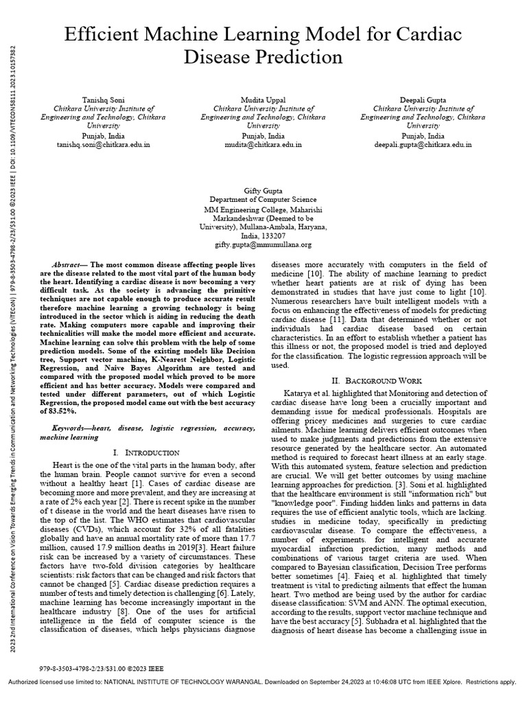 Efficient Machine Learning Model For Cardiac Disease Prediction Pdf