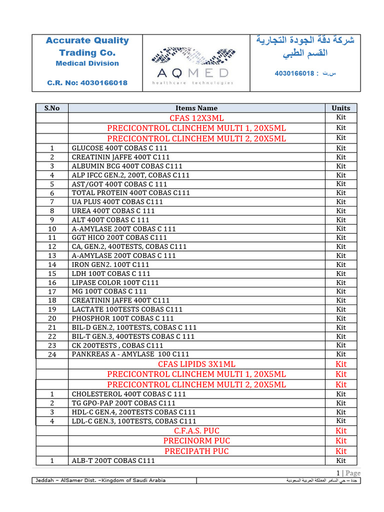 COBAS C111 Medical Kits & Accessories | PDF | Biomolecules | Nutrients