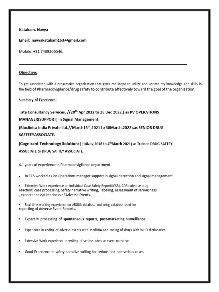 Navya Katakam Resume | PDF | Pharmacovigilance | Health Care