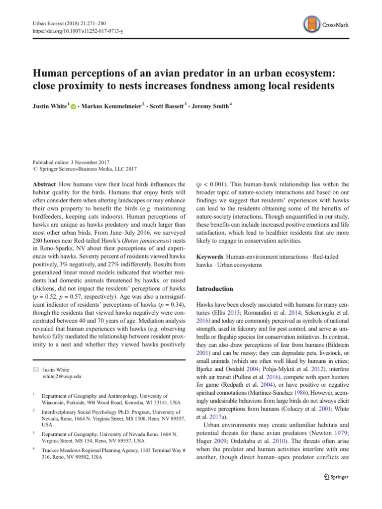 Human Perceptions of An Avian Predator in An Urban Ecosystem: Close ...