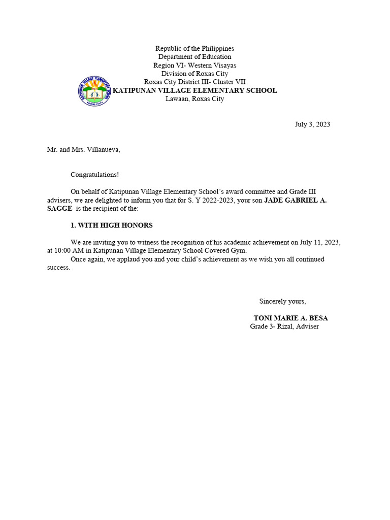 Recognition Awards Letter | PDF