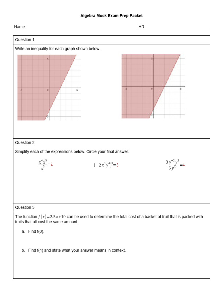 Algebra Mock Review Packet | PDF | Function (Mathematics) | Equations