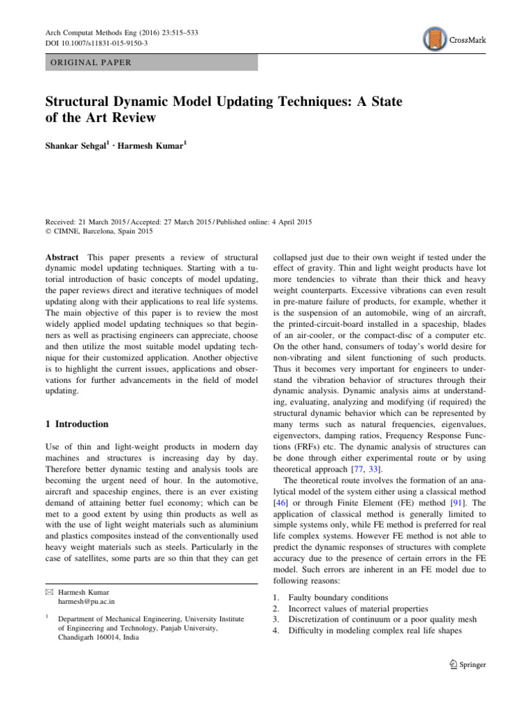 Sehgal-Kumar2016 Article StructuralDynamicModelUpdating | PDF | Eigenvalues And Eigenvectors ...