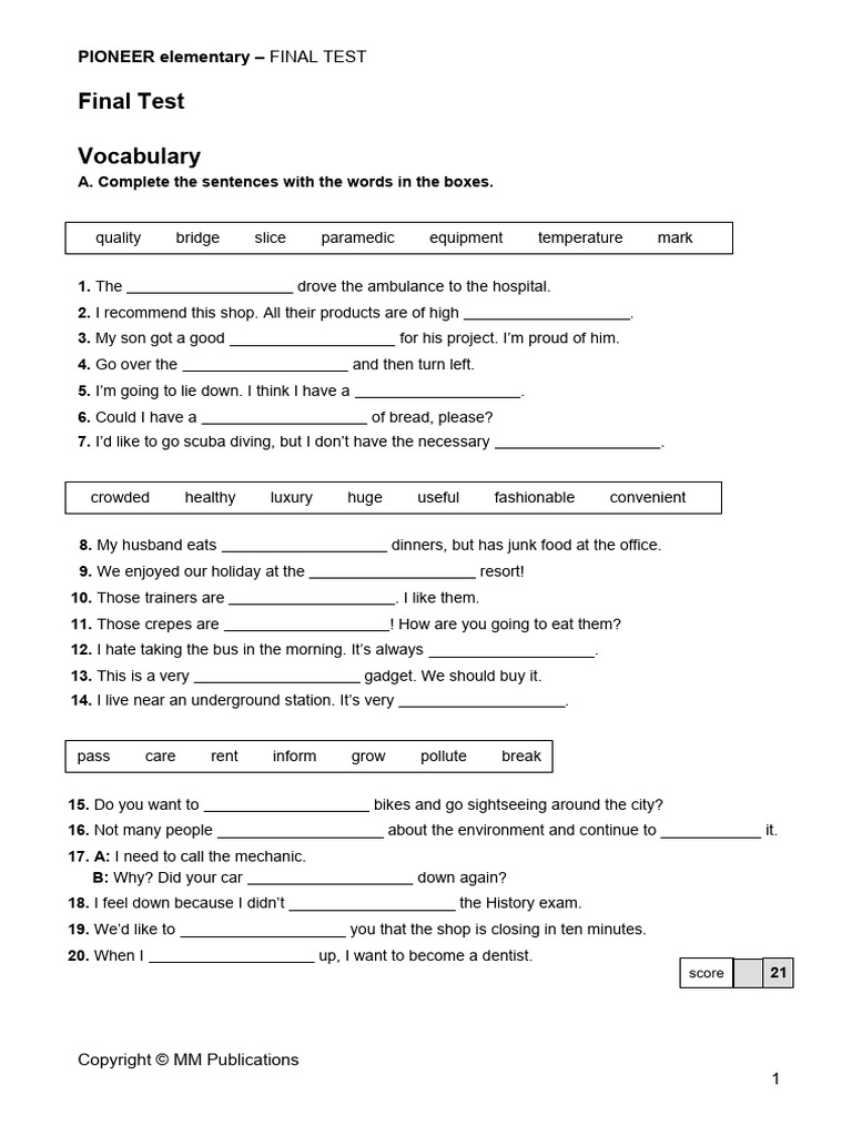 Pioneer Elementary FinalTest | PDF
