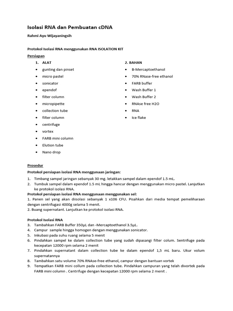 Isolasi RNA Dan Pembuatan CDNA | PDF