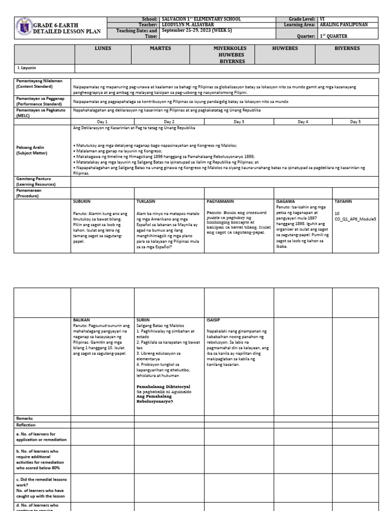 DLL - Araling Panlipunan 6 - Q1 - W5 | PDF