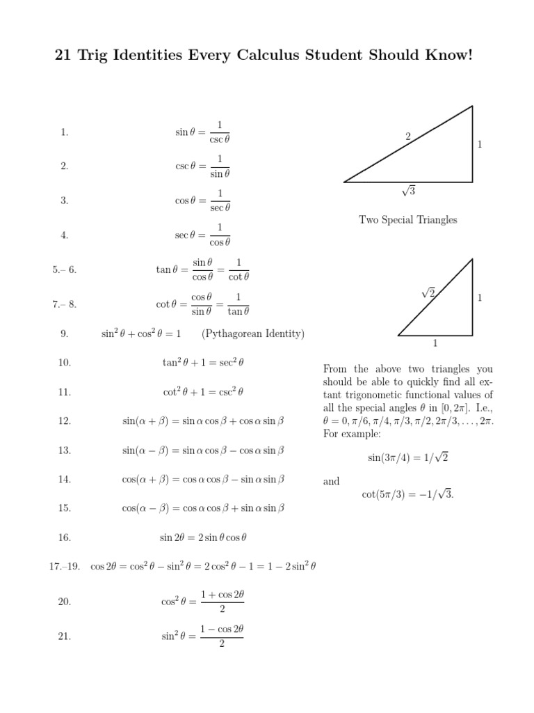Essential Trig Identities for Calculus | PDF | Trigonometric Functions ...