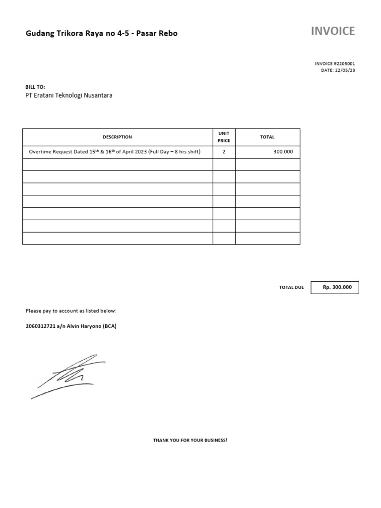 Invoice Overtime Trikora Raya | PDF