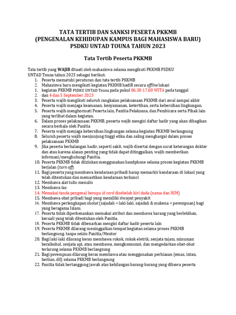 Tata Tertib Dan Sanksi Peserta PKKMB Revisi | PDF