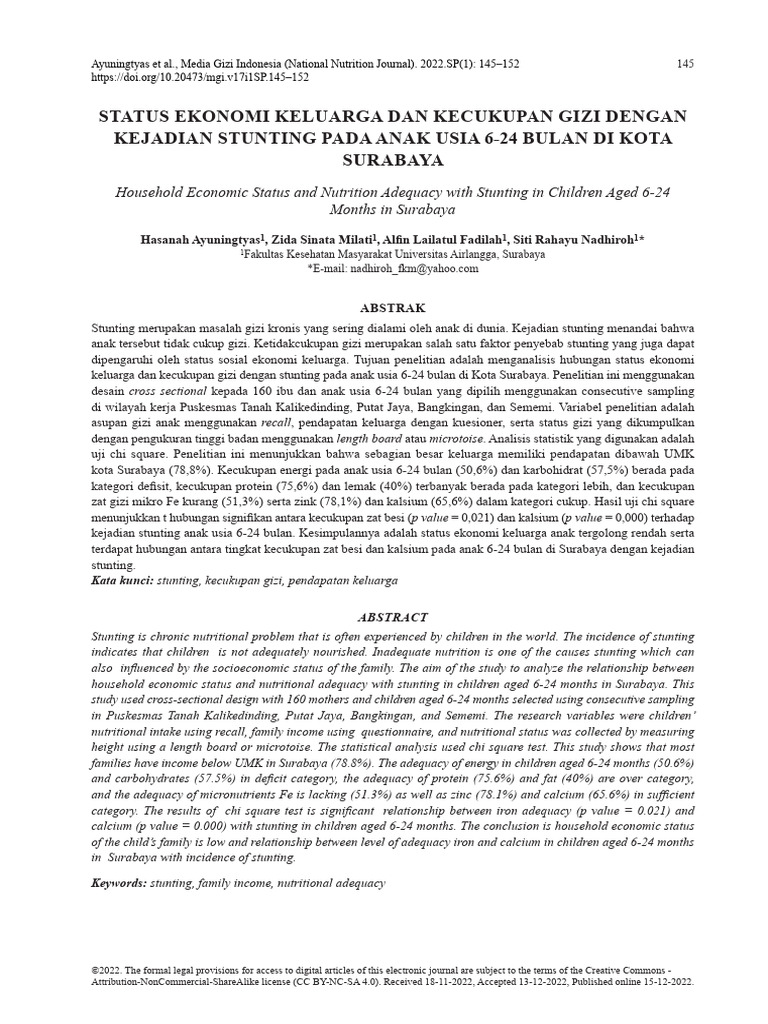 Status Ekonomi Keluarga Dan Kecukupan Gizi Dengan Kejadian Stunting ...