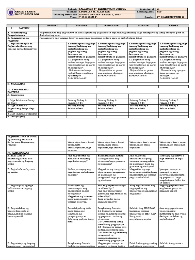 DLL - Esp 6 - Q1 - W1 | PDF