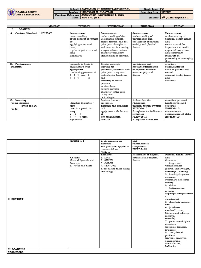 DLL - Mapeh 6 - Q1 - W1 | PDF | Physical Fitness