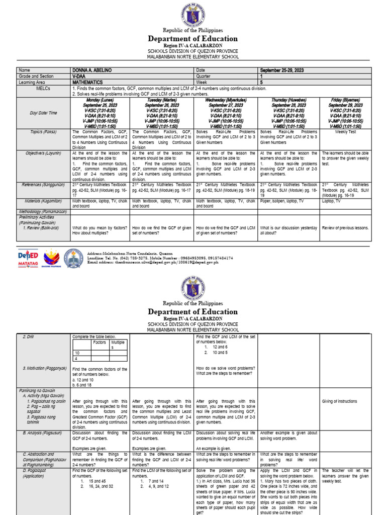 DLP Q1 W5 G5 Math-PE-English | PDF DLP Q1 W5 G5 Math-PE-English | PDF