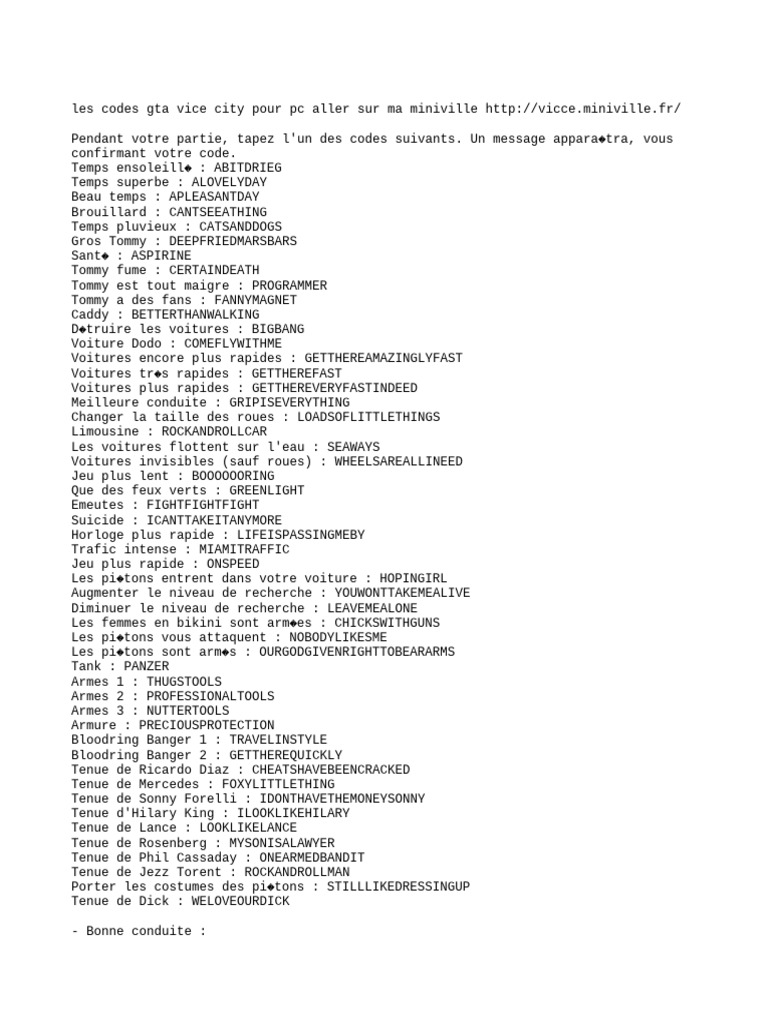 Codes de triche pour GTA Vice City PC | PDF