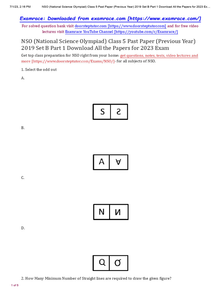 NSO Level 1 Class 5 Question Paper 2019 Set B Part 1 | PDF