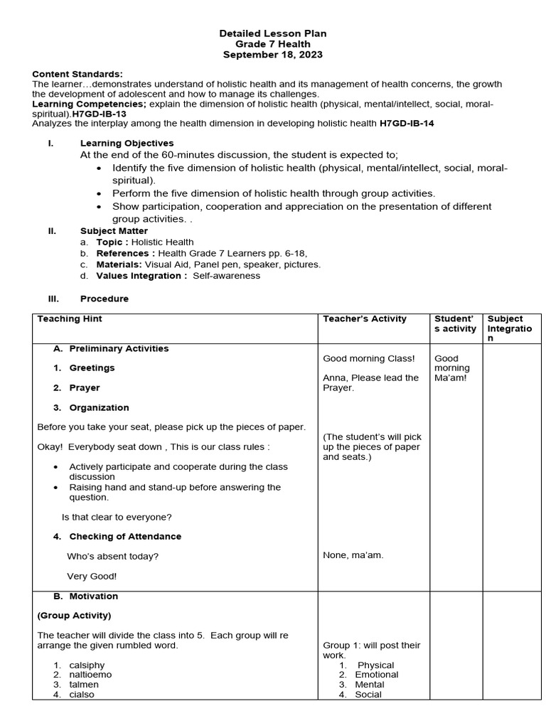 Detailed Lesson Plan in Grade 7 Health | PDF | Career & Growth | Self ...
