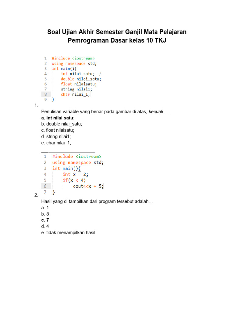 Soal UAS Pemrograman Dasar Kelas 10 TKJ | PDF