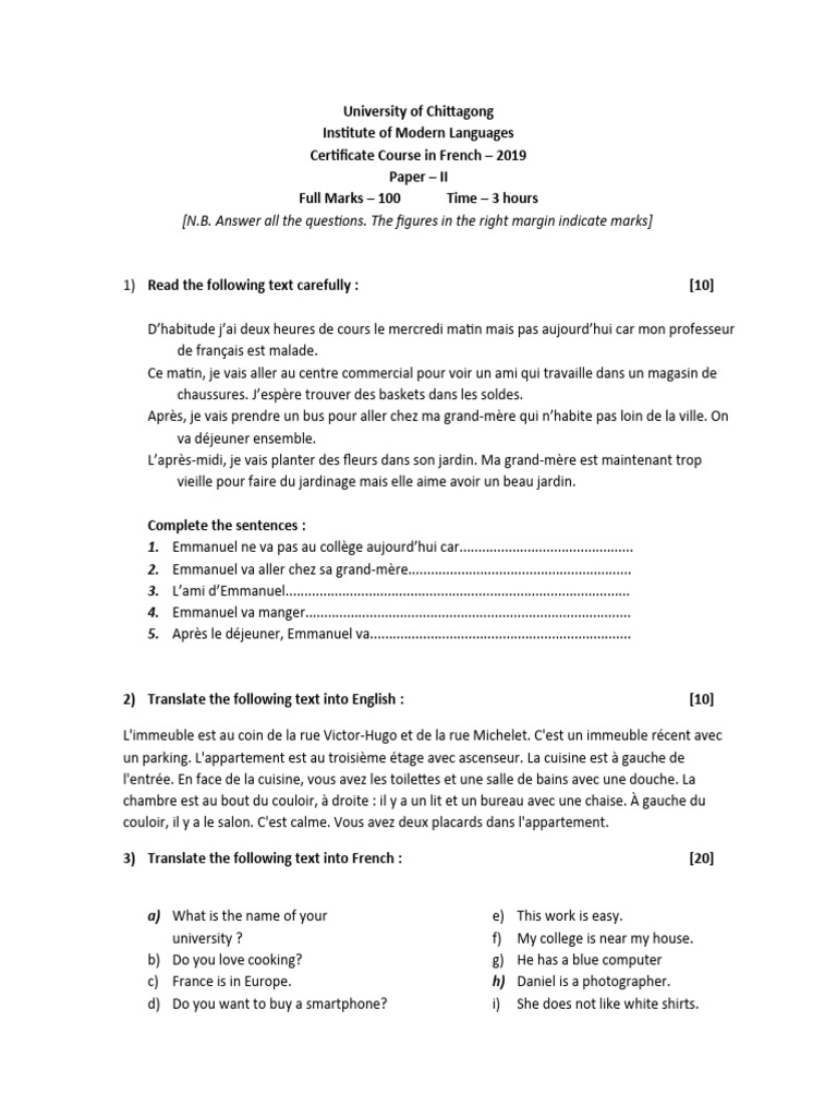 French Certificate 2019 - Question - Paper 2 | PDF